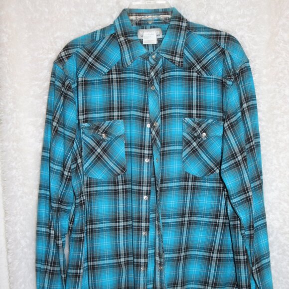 Wrangler | Shirts | Wrangler Rancher Blue Plaid Flannel Xl Pearl Snap ...